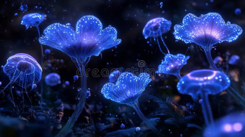 Bioluminescent Flowers Glow in Dark Fantasy Forest Stock Illustration - Illustration of night ...