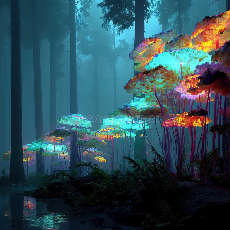 A Bioluminescent Forest Inside a Gaming Console, Glowing Mushrooms and Pixelated Trees, Ethereal ...