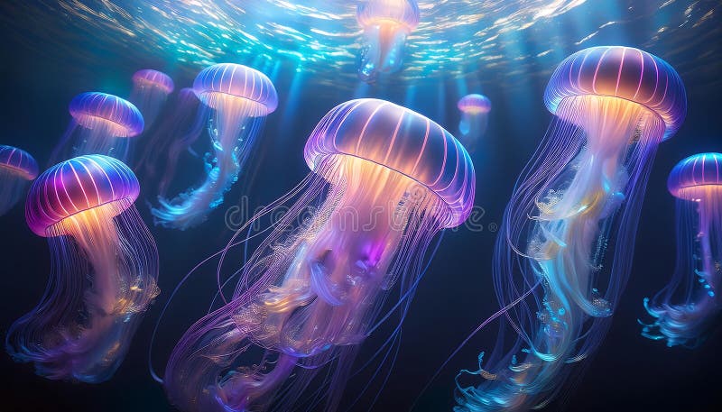 Bioluminescent Jellyfish with Translucent Bells and Numerous Tentacles ...