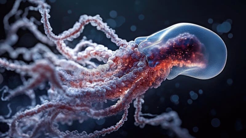 Bioluminescent Jellyfish with Translucent Tentacles in Deep Ocean Stock ...