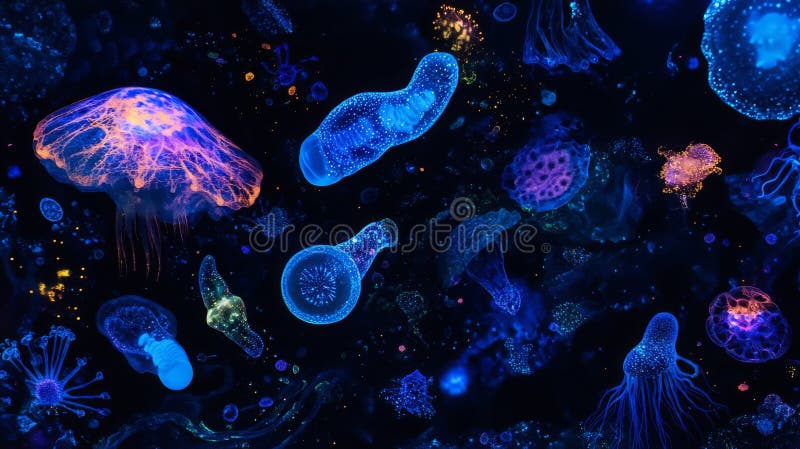 Bioluminescent Marine Life Glows in the Dark Ocean Stock Illustration ...