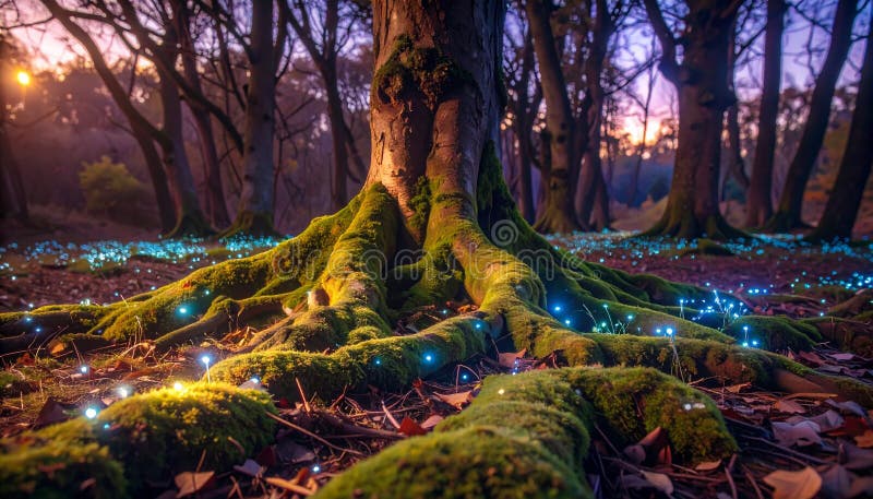 Bioluminescent Moss Covering Ancient Tree Roots. Generated Image Stock ...