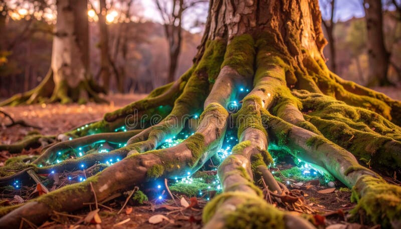 Bioluminescent Moss Covering Ancient Tree Roots. Generated Image Stock ...
