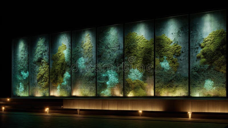 Bioluminescent Moss Wall Illuminating Building Facade at Night Stock ...