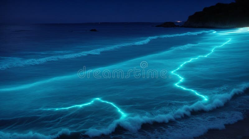 Bioluminescent Plankton Lighting Up the Waves on a Beach Stock ...