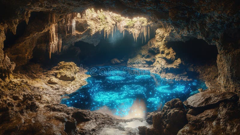 Bioluminescent Pool in a Cave with Stalactites Stock Photo - Image of ...