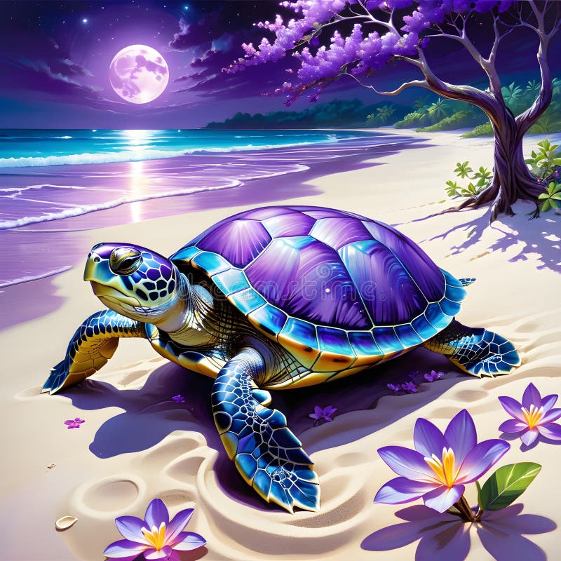 Bioluminescent Purple Turtle with Enchanted Tree Under a Starry Night ...