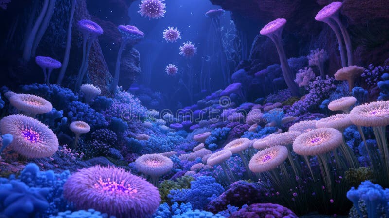 Bioluminescent Underwater Flora Illuminates Deep Sea Cave Stock ...