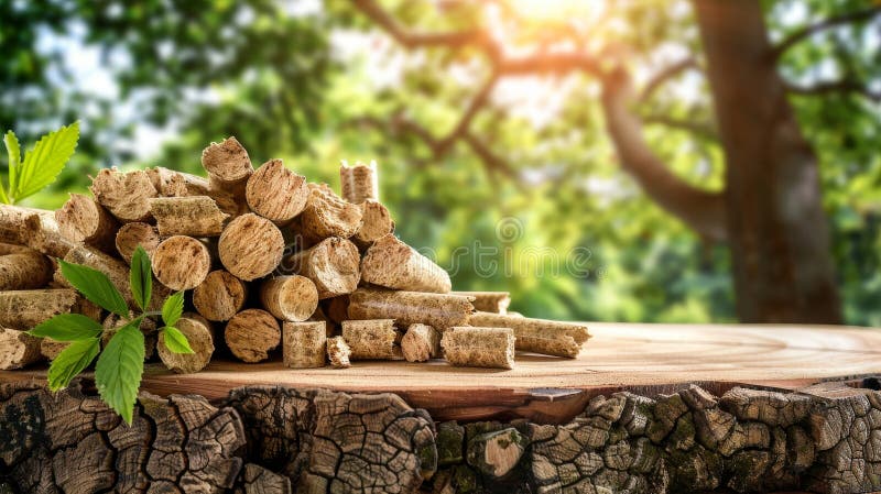 Biomass Wood Pellets Stack and Woodpile on Blurred Background with ...
