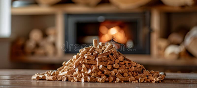 Biomass Wood Pellets and Woodpile Stack with Copy Space on Blurred ...