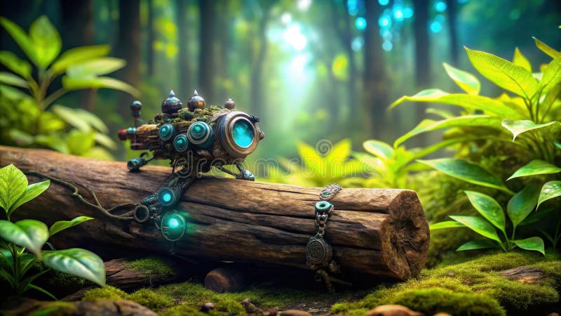 A Biomechanical Device Rests on a Mossy Log in a Lush Forest Setting ...