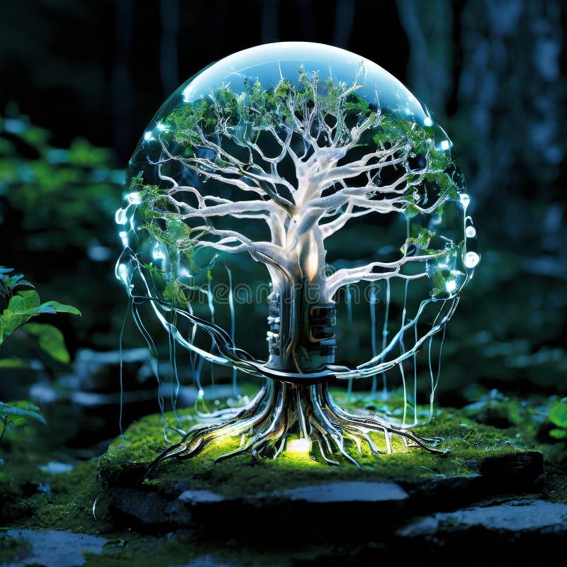 Futuristic Tree Encased in a Glass Sphere with Glowing Roots Stock ...