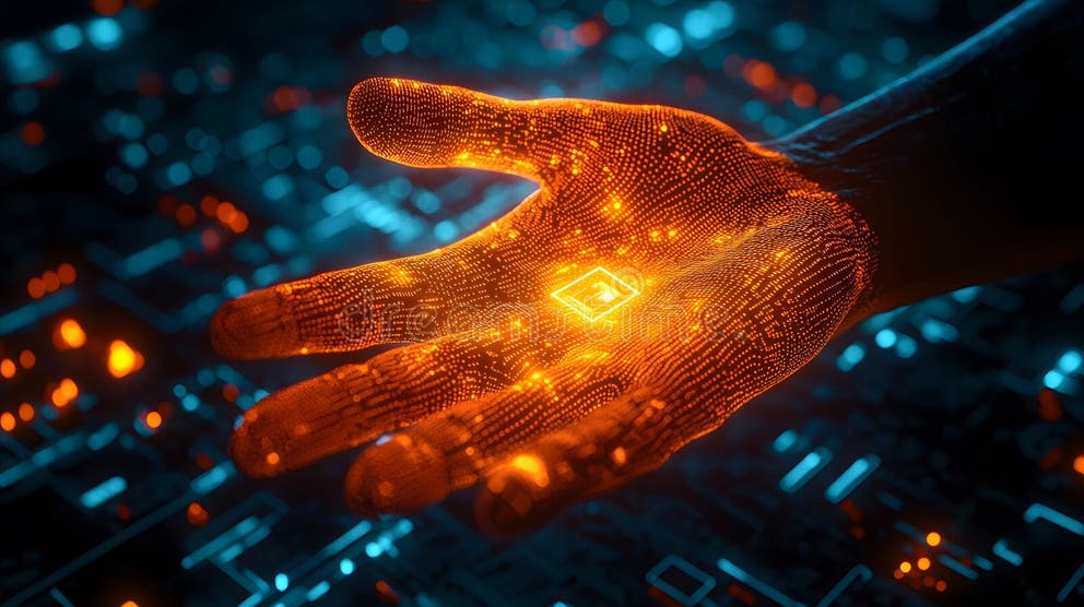 Biometric Hand Scan with Glowing Digital Elements Stock Illustration ...
