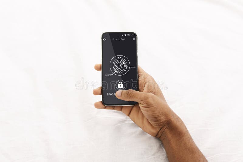 Unrecognizable Black Man Scanning Fingerprint on Phone Over White ...