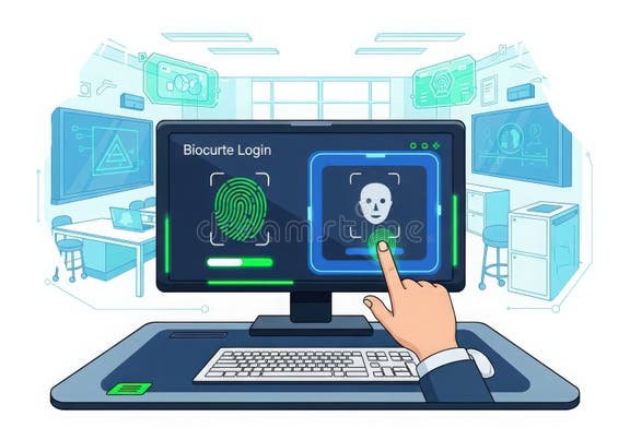 Biometric Login System with Fingerprint and Facial Recognition on Computer Screen Stock Photo ...