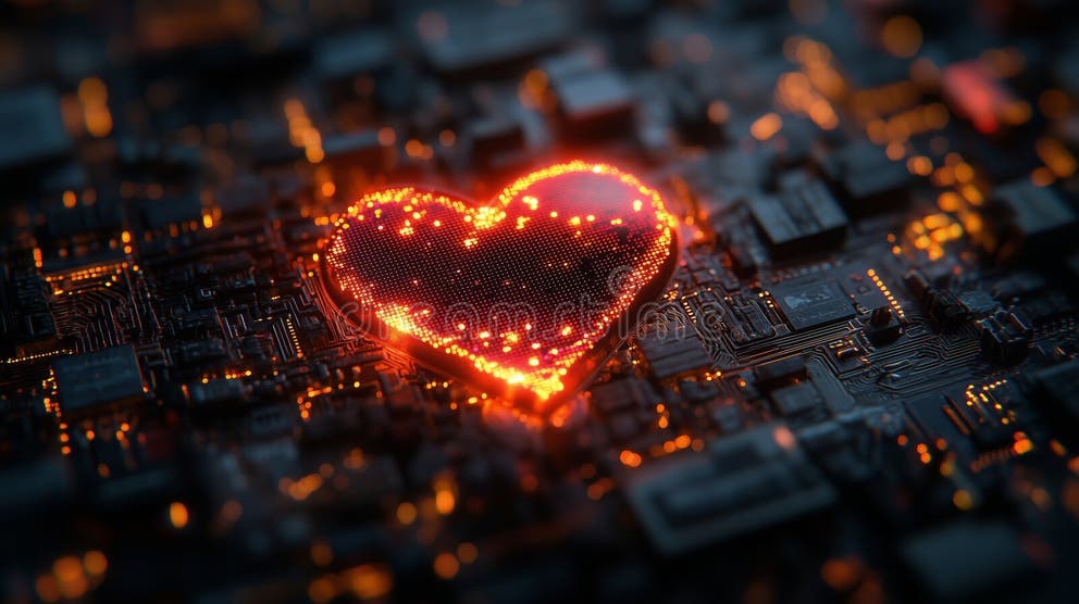 Biometric Sensor Patch. Neon Heart Symbol Over a Digital Circuit ...