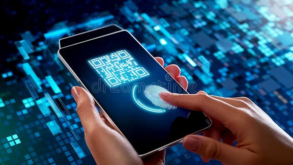 Biometrics Cyber Security Businessman Fingerprint Data Information Using Mobile Qr Code App ...