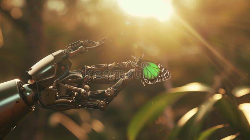 Bionic Hand with Butterfly in Glowing Forest Light Stock Photo - Image ...