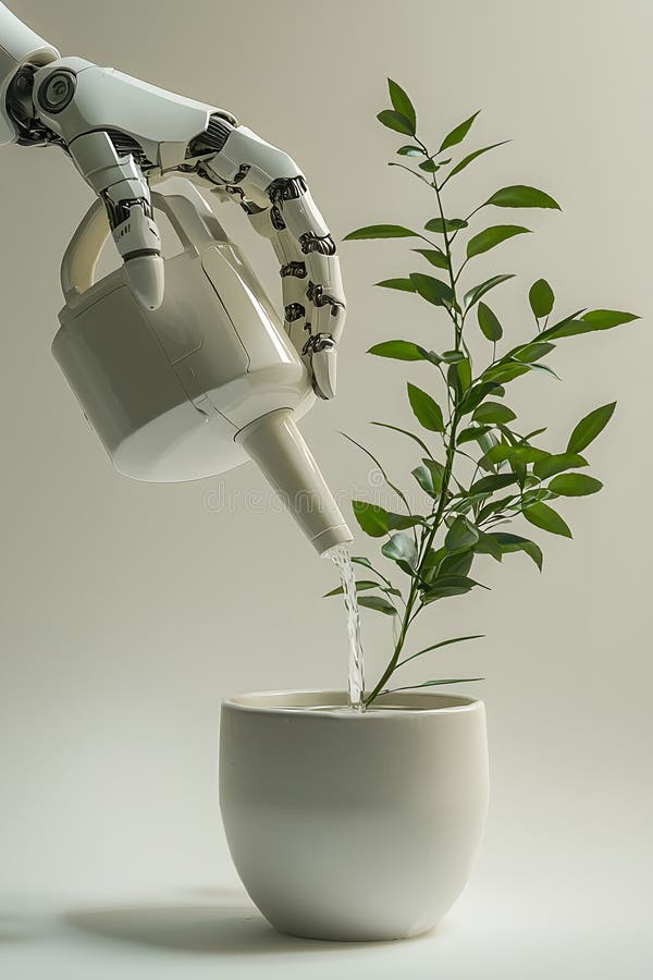 A Bionic Hand Carefully Pours Water into a Pot with a Young Plant ...