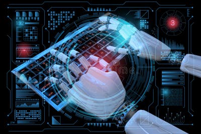 Bionic Hands Typing on Keyboard. Robotic Arm Cyborg Using Comput Stock ...