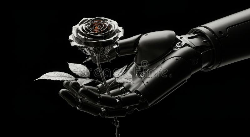 The Bionic Prosthetic Arm Carefully Holds a Metal Rose, Embodying a ...