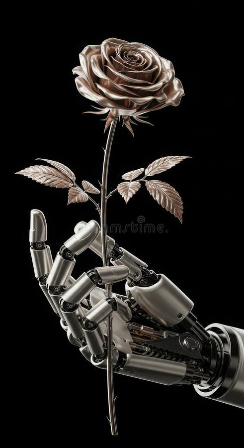 The Bionic Prosthetic Arm Carefully Holds a Metal Rose, Embodying a ...