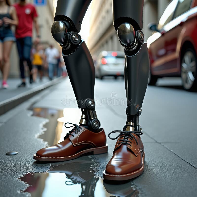 Bionic Prosthetic Leg with a Classic Leather Shoe on a City Street ...