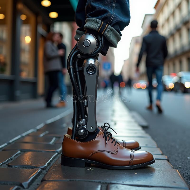 Bionic Prosthetic Leg with a Classic Leather Shoe on a City Street ...