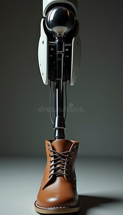 Bionic Prosthetic Leg with a Classic Leather Shoe on a Gray Background ...