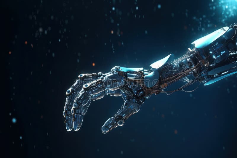Bionic Robot Arm. Cyborg Metal Hand on a Blurred Blue Background. AI ...