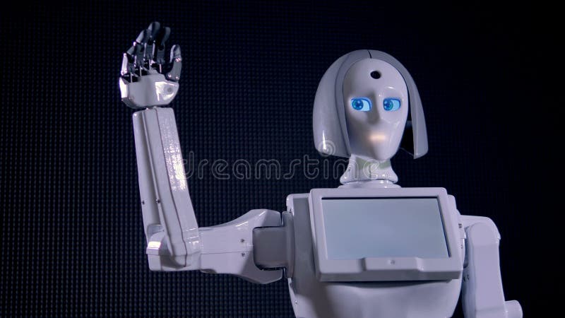 Bionic Robot Moving Her Arm Saying Good Bye. Stock Video - Video of ...