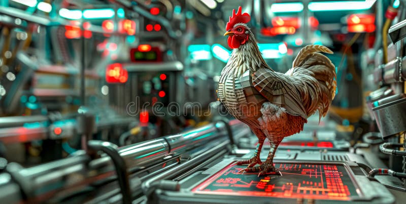 Bionic Rooster Standing on Control Panel in Futuristic Factory Stock ...