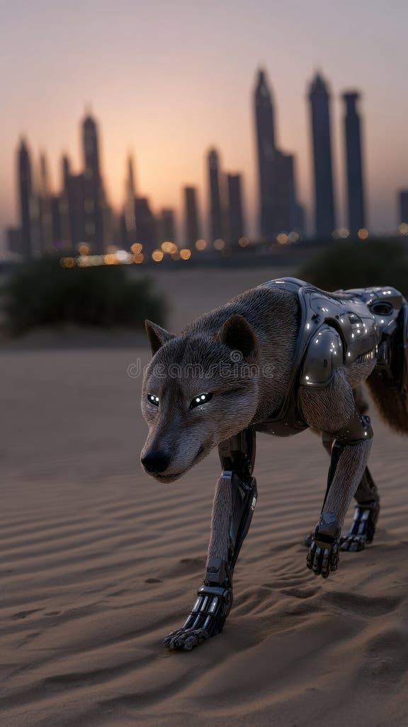 Bionic Wolf Robot Walking Desert Futuristic Cityscape Advanced ...