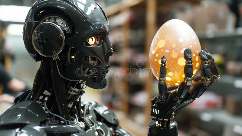 The Biorobot Holds a Mock-up of an Easter Egg in Its Hand,Generated by ...