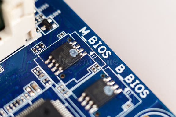 BIOS Chips Close-up Macro on the Motherboard of the Computer Stock ...