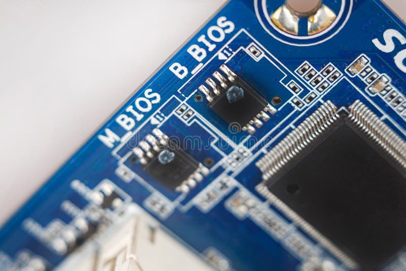 BIOS Chips Close-up Macro on the Motherboard of the Computer Stock ...