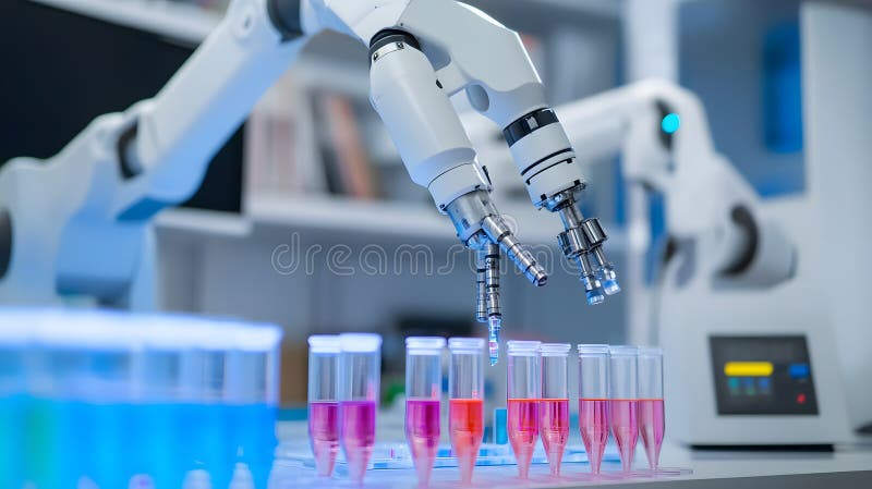 Biotech Lab with Robotic Arms Manipulating DNA Stock Illustration ...