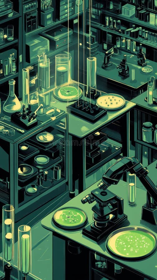 Biotech Lab Theme Petri Green and Microscope Black Stock Illustration ...