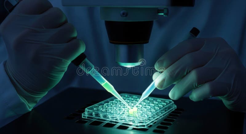 Biotechnologist Gloved Hands Pipetting Liquid into a Microplate for ...