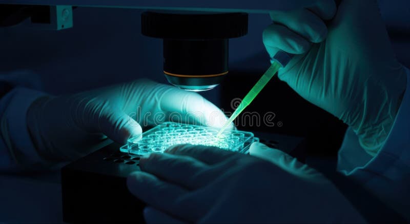 Biotechnologist Gloved Hands Pipetting Liquid into Multi Well Plate ...
