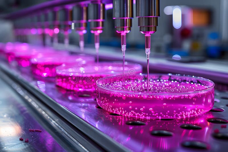 Biotechnology Lab: Automated Liquid Handling System with Vibrant Pink ...
