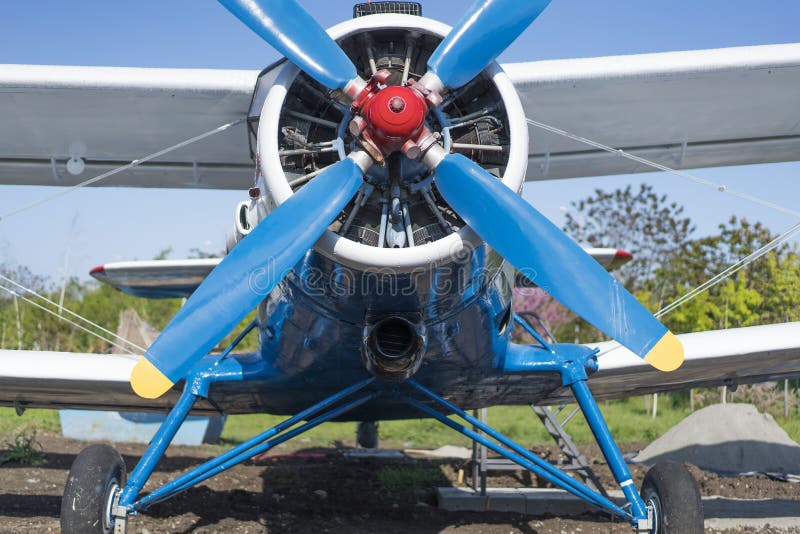 Biplane Blue Color Front View Stock Image - Image of closeup, front ...
