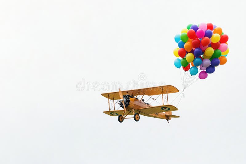 A Biplane Flying on Balloons. Space for Text. Stock Photo - Image of ...