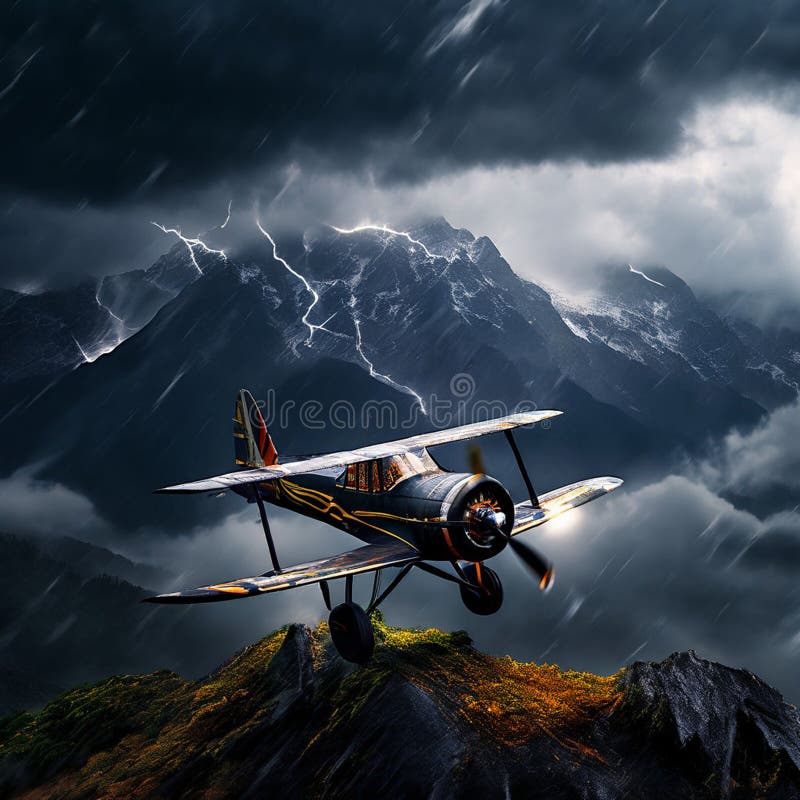 Biplane in a Storm Over the Mountains Stock Illustration - Illustration ...