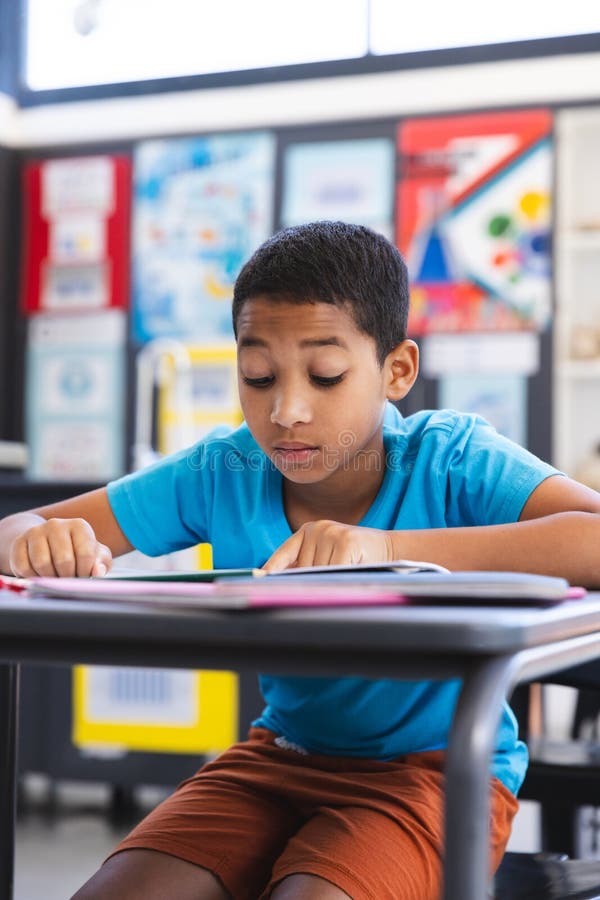 Biracial Boy Focused on Reading a Book at School Stock Photo - Image of ...