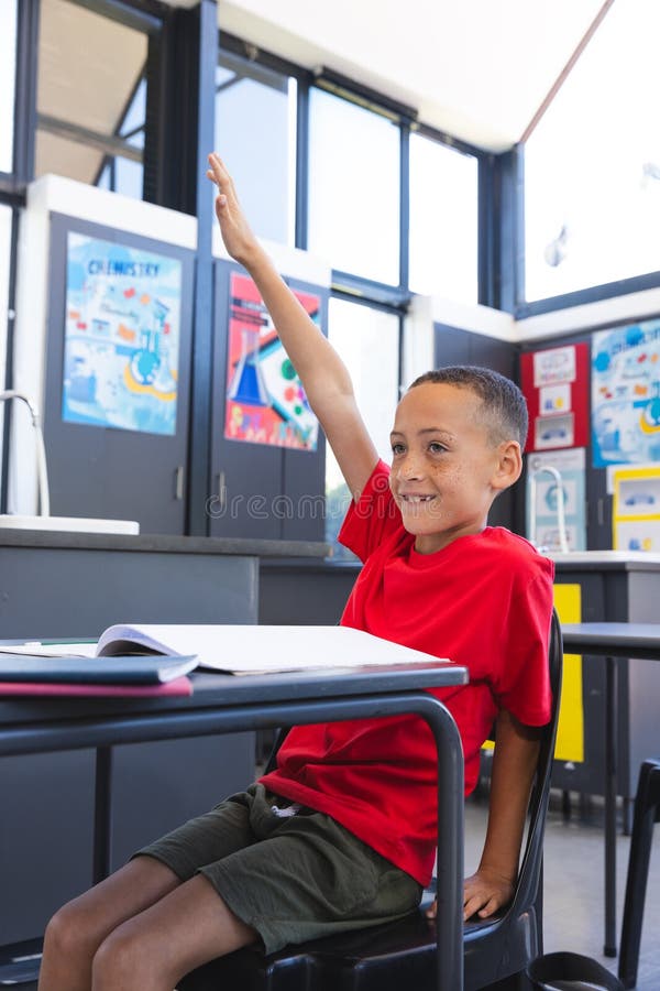 Biracial Boy Raises Hand in Classroom at School Stock Image - Image of ...