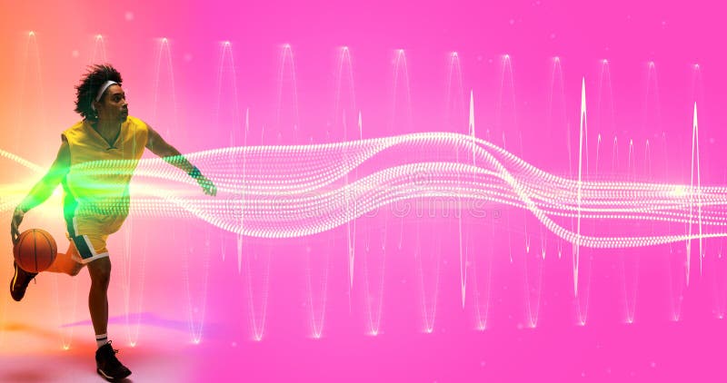 Biracial Player Dribbling Basketball Over Illuminated Wave and Zig Zag ...