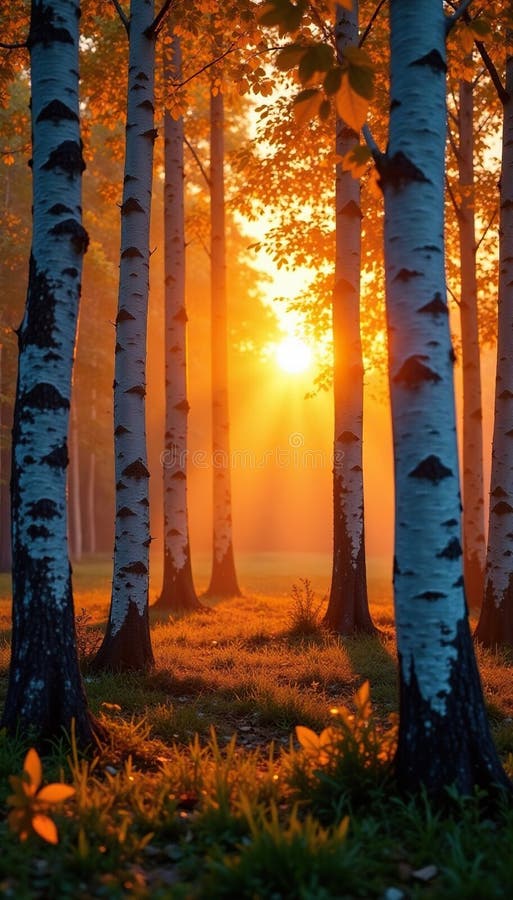 Birch Forest at Sunset with Warm Golden Light Birch Tree Light Stock ...
