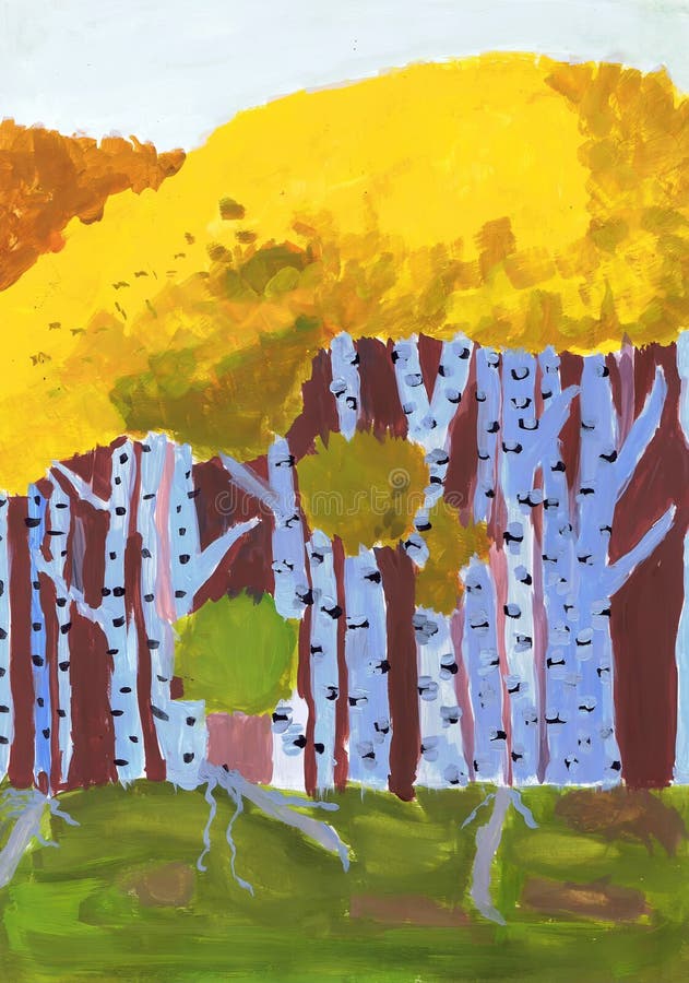 Birch Grove on an Autumn Day . Children Drawing Stock Illustration ...