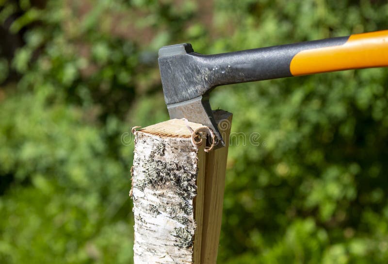 Birch Log with an Axe Outdoors. Stock Image - Image of object, house ...